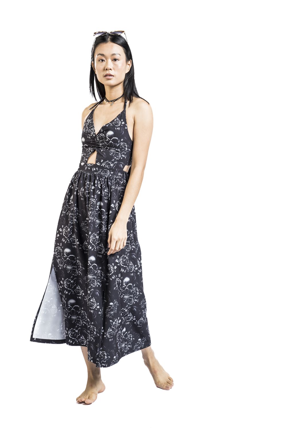 Double Slit Dress with Roses and Skulls | Black Premium by EMP Maxi ...